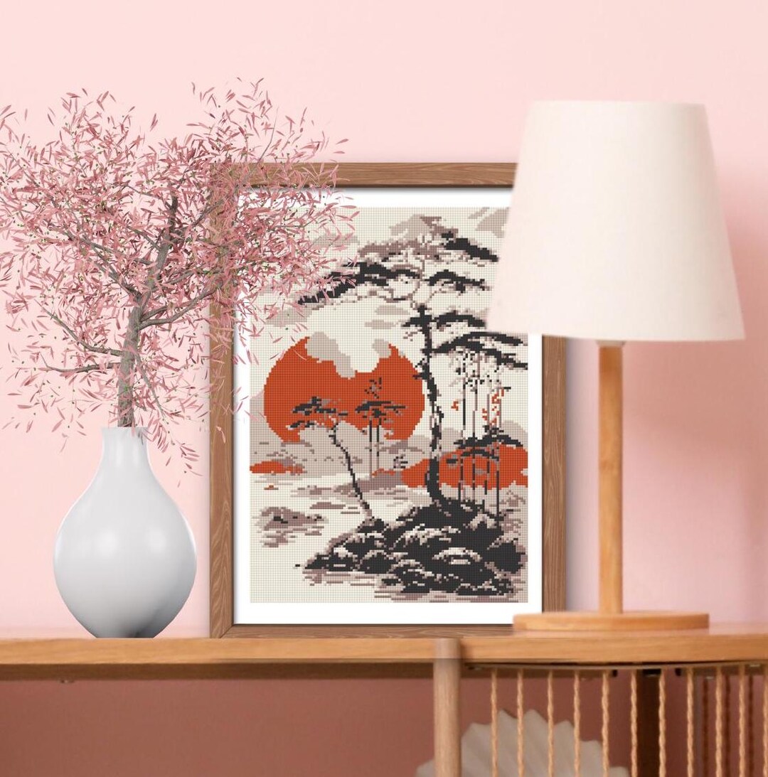 Abstract Japanese Cross Stitch Landscape Pattern, Asian Cross Stitch ...
