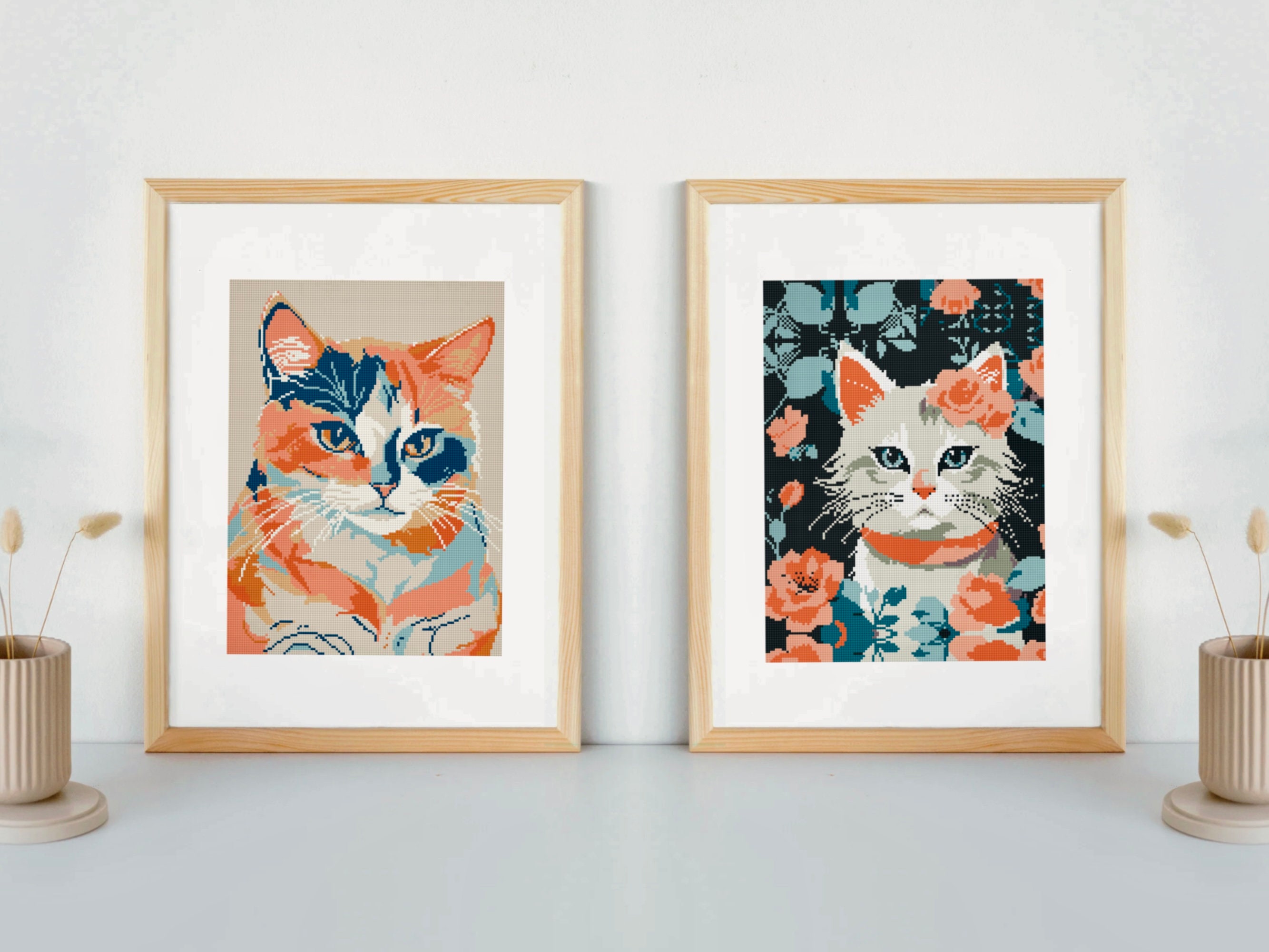 Set of Two Cat Portraits Cross Stitch Download Patterns, Abstract Cat ...