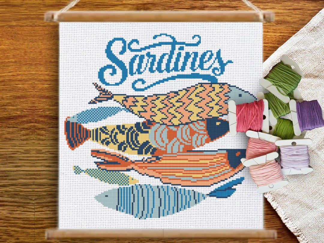 Sardines Cross Stitch Pattern, Few Colours Modern Fish Xstitch Hoop Pdf ...