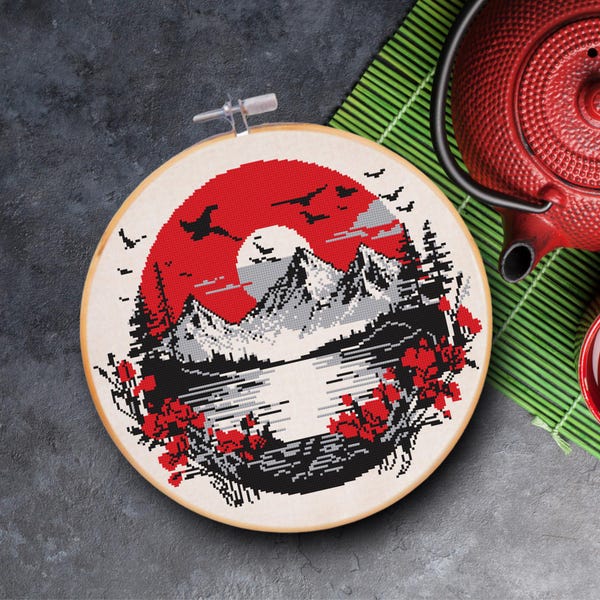 Japanese Ink Painting Cross Stitch Pattern, Black Red Asian Art Digital ...