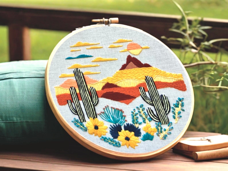 Southwestern Landscape Embroidery Digital Patterns With Video Tutorial, Cacti Desert Scenery ...