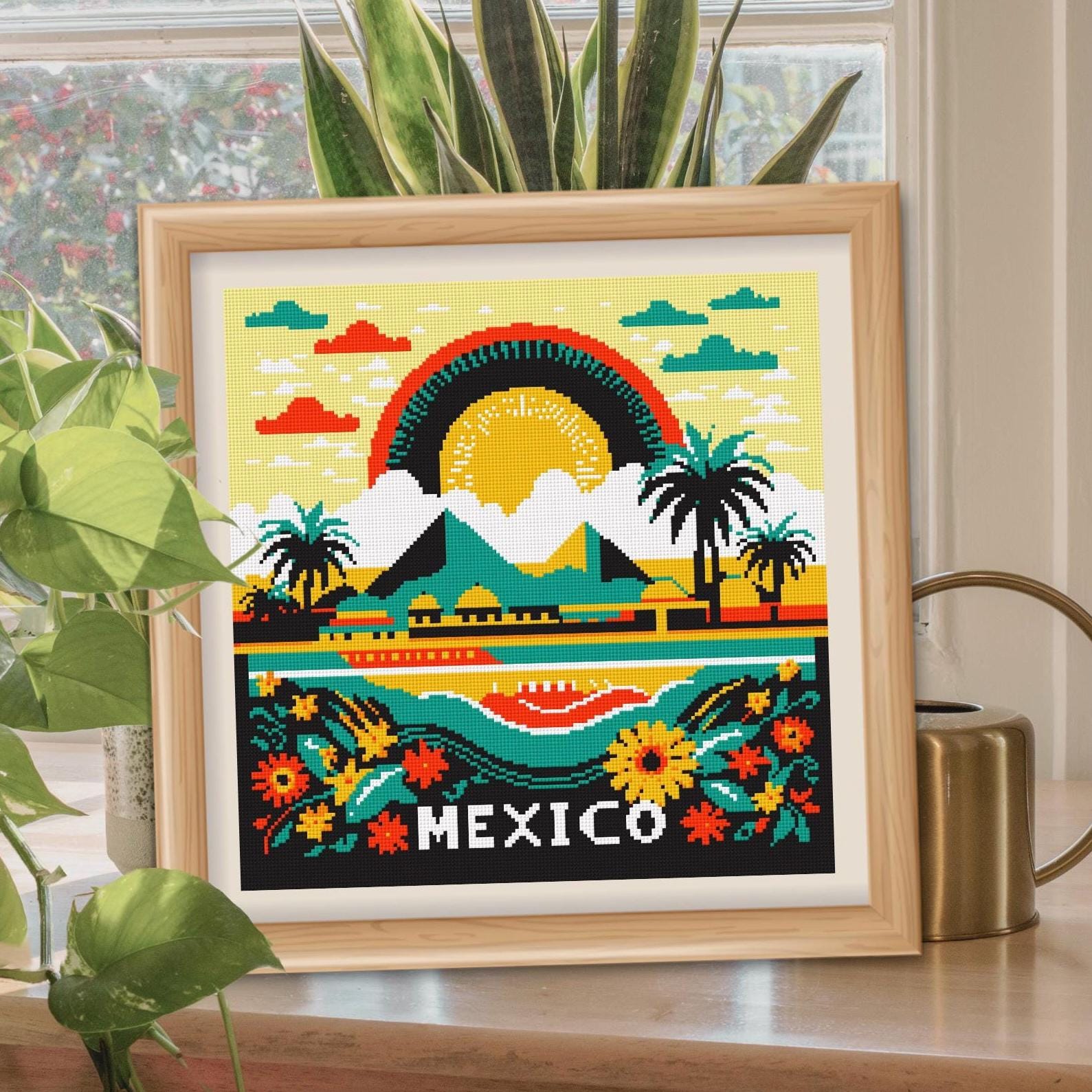 Colorful Travel Mexico Cross Stitch Pattern, Mexican Pyramids Funky ...