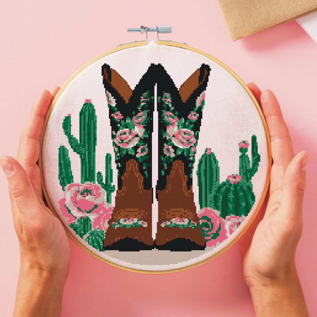 Western Cowboy Boots Cross Stitch Art, Southwest Cactus and Boots ...