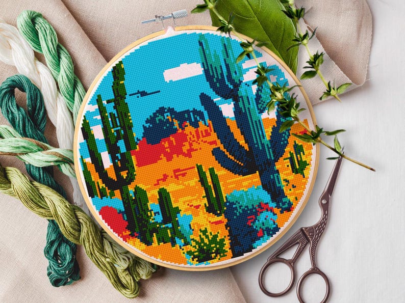Desert Scenery Contemporary Cross Stitch Landscape Pattern, Soutwestern Cacti and Rocky ...
