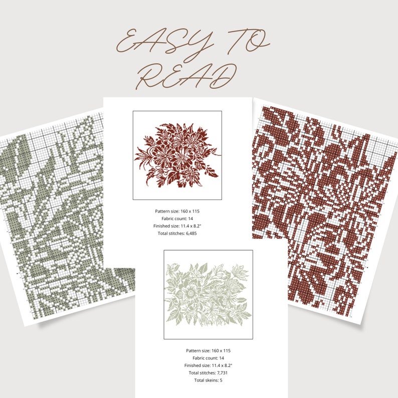 Single Color Silhouette Floral Cross Stitch Matching Set Patterns ...