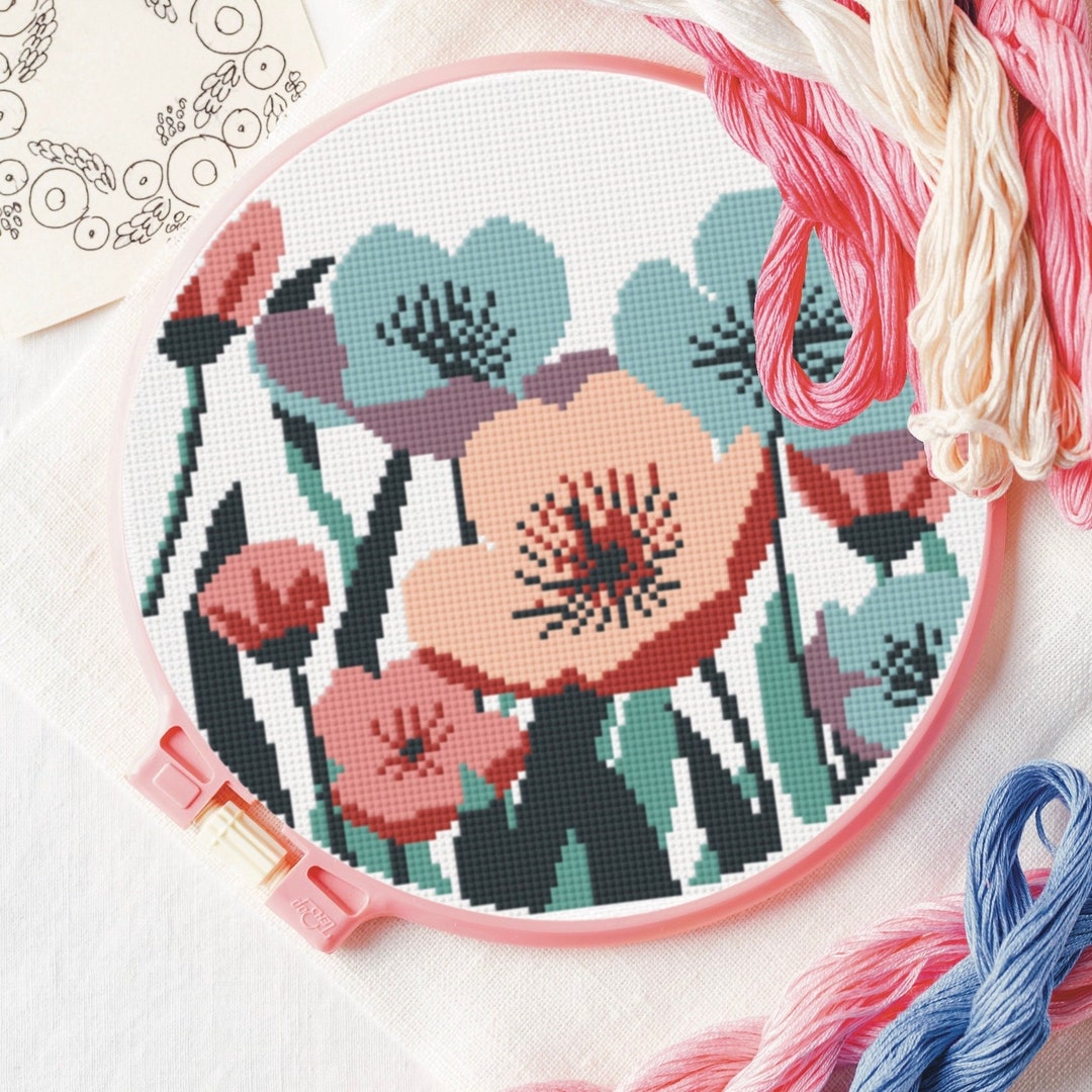 Spring Flowers Hoop Cross Stitch Pattern, 8 Hoop Poppies Counted Cross ...