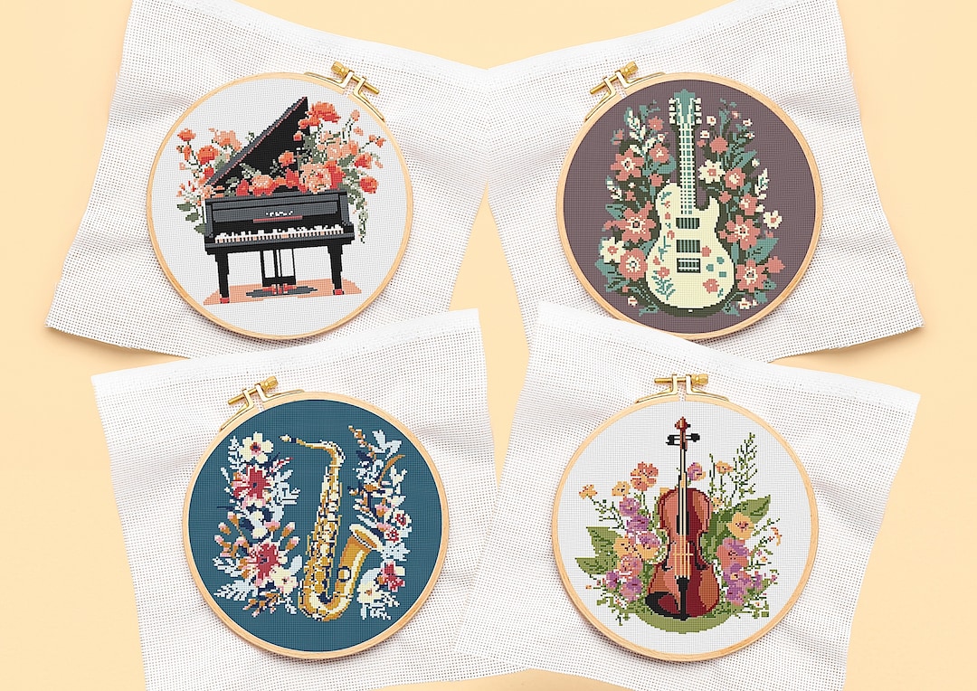 Musical Instruments Bundle Cross Stitch Patterns, Piano Guitar Violin ...