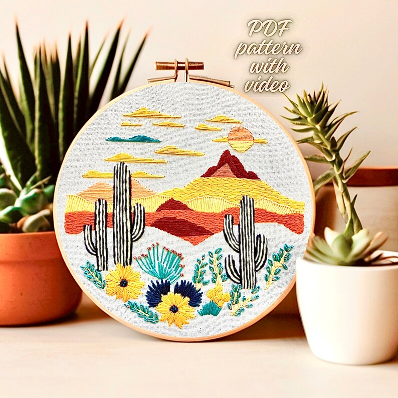 Southwestern Landscape Embroidery Digital Patterns With Video Tutorial, Cacti Desert Scenery ...