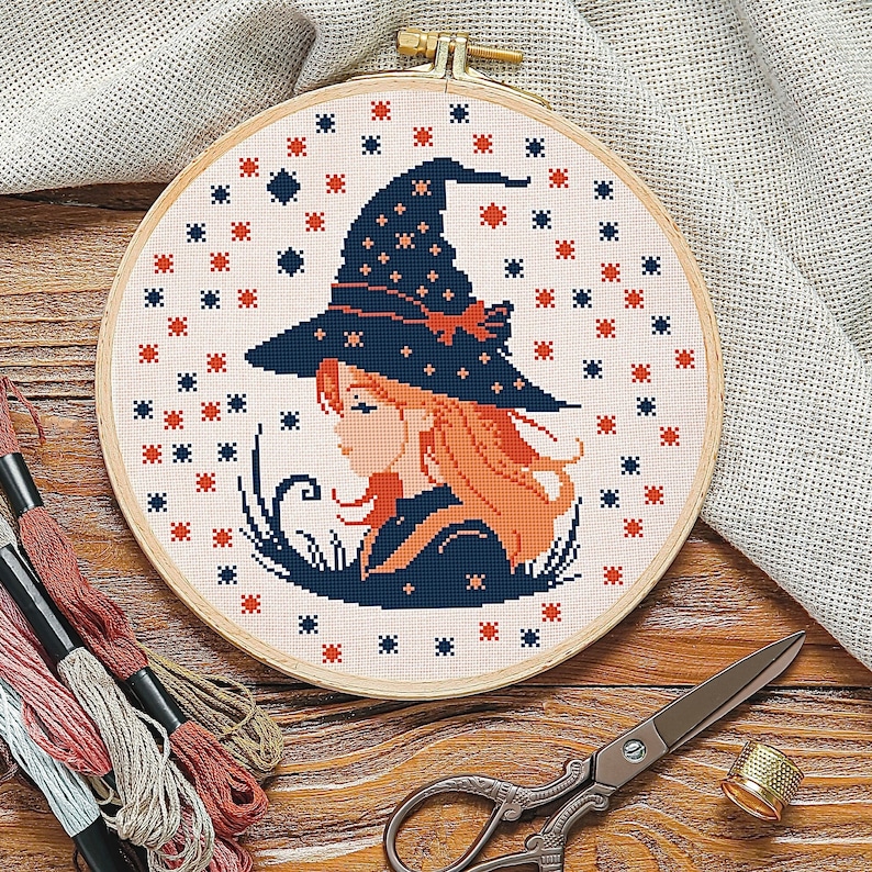 Little Witch Girl Cross Stitch Pattern, Whimsical Girl Cute Nursery ...