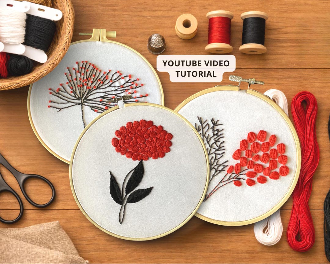 Japanese Floral Hand Embroidery PDF Pattern, Botanical Art Set (6" Hoop ...