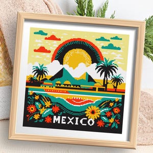 Colorful Travel Mexico Cross Stitch Pattern, Mexican Pyramids Funky ...