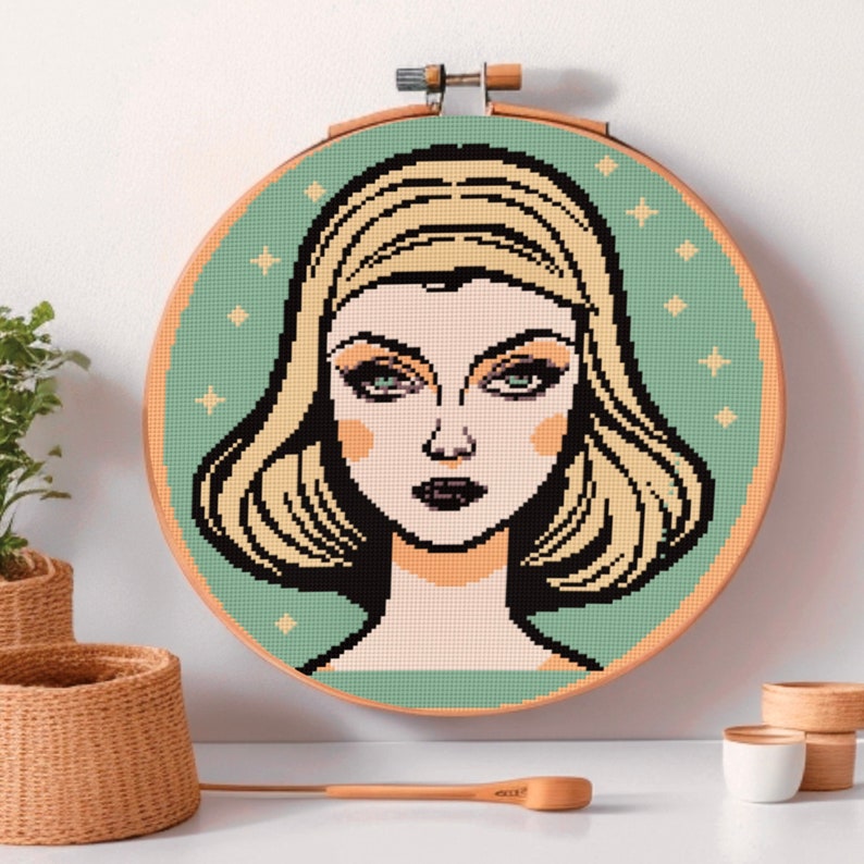 Woman Face Cross Stitch Design Contemporary Cross Stitch Modern