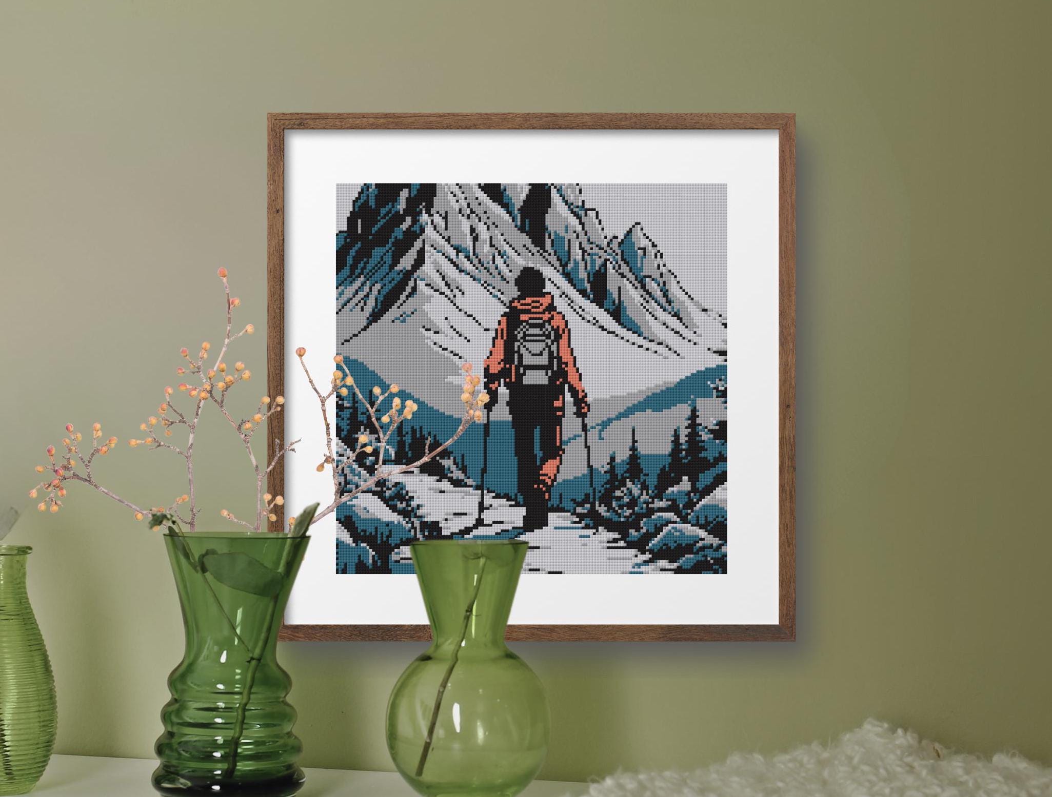 Mountain Hiker Scenery Cross Stitch Pattern, Hiking Landscape Scene ...