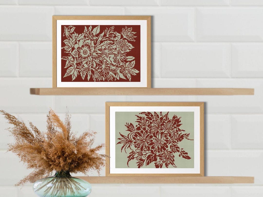 Single Color Silhouette Floral Cross Stitch Matching Set Patterns ...