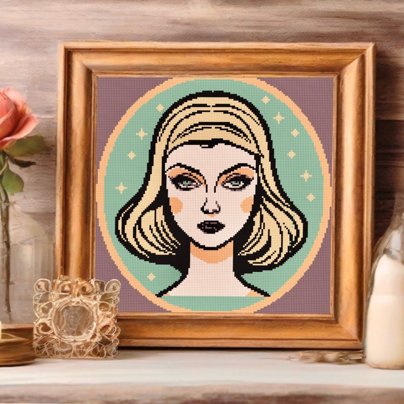 Woman Face Cross Stitch Design Contemporary Cross Stitch Modern