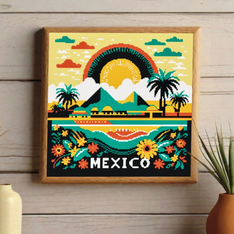 Colorful Travel Mexico Cross Stitch Pattern, Mexican Pyramids Funky ...