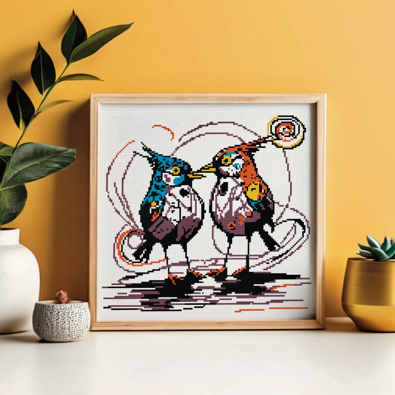 Kissing Birds Modern Cross Stitch Pattern, Minimal Funky Birds Pattern Xstitch Pdf Downloadable ...
