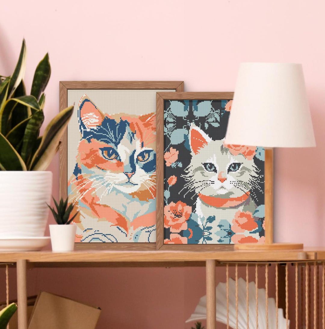 Set of Two Cat Portraits Cross Stitch Download Patterns, Abstract Cat ...