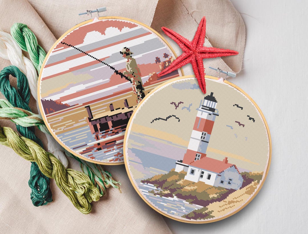 Coastal Maritime Cross Stitch Set, Lighthouse and Fishing Theme Digital ...
