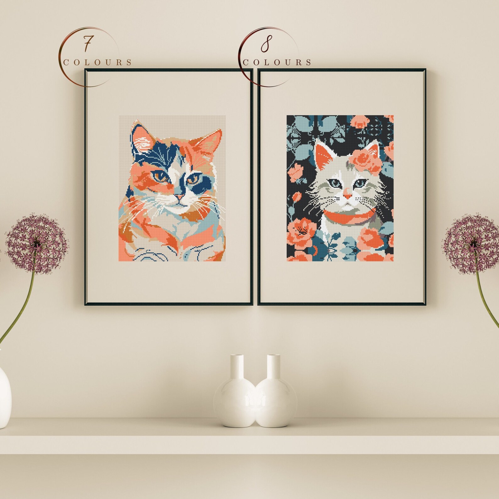 Set of Two Cat Portraits Cross Stitch Download Patterns, Abstract Cat ...