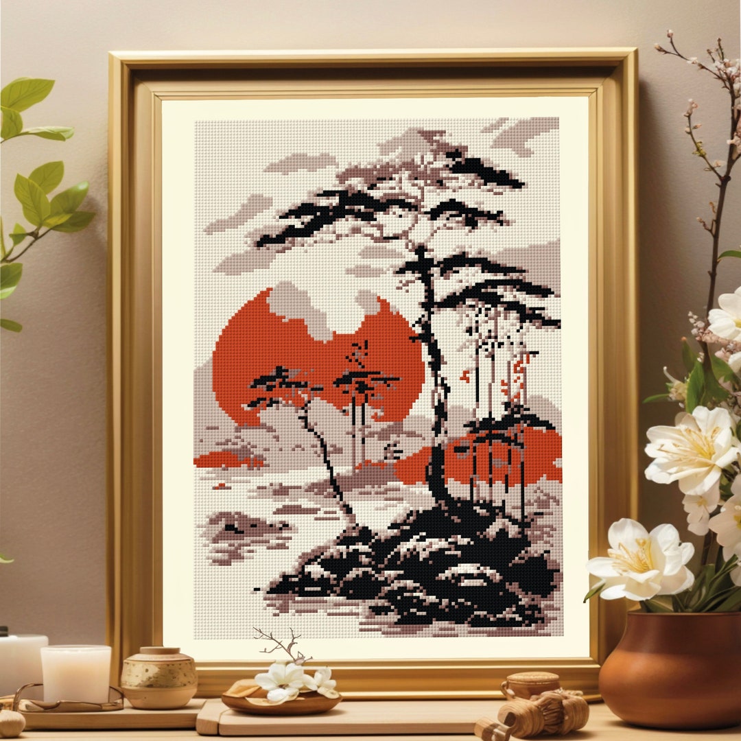 Abstract Japanese Cross Stitch Landscape Pattern, Asian Cross Stitch ...