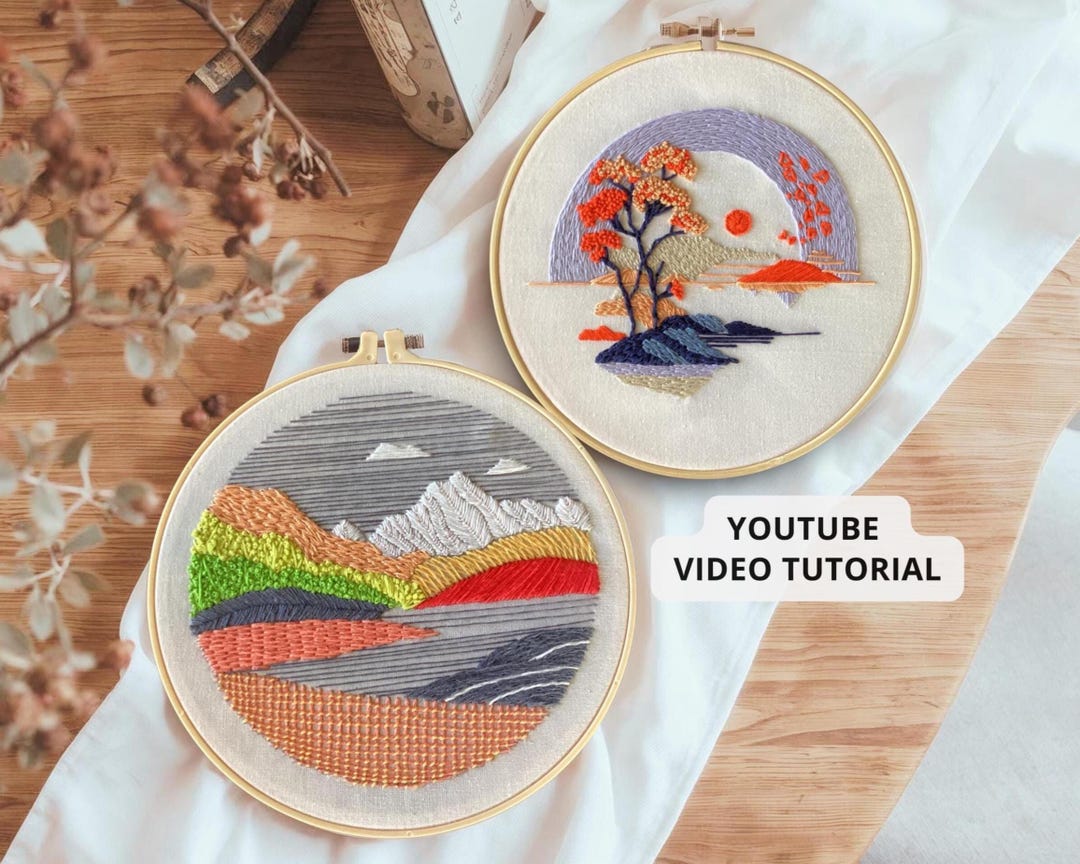 Abstract Landscape Embroidery Pattern Set: Modern Scenery Art (digital ...