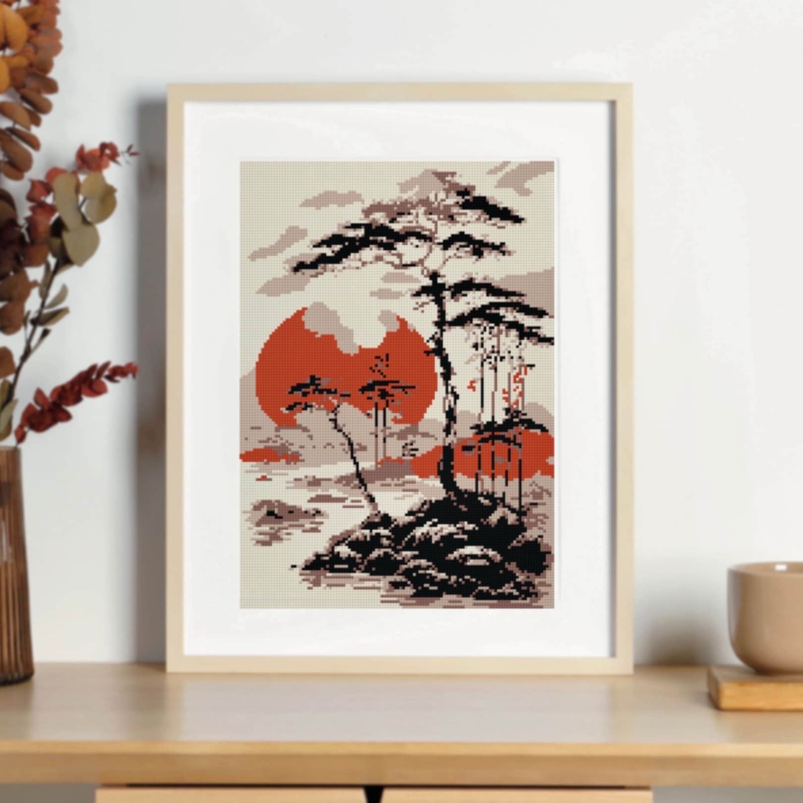 Abstract Japanese Cross Stitch Landscape Pattern, Asian Cross Stitch ...