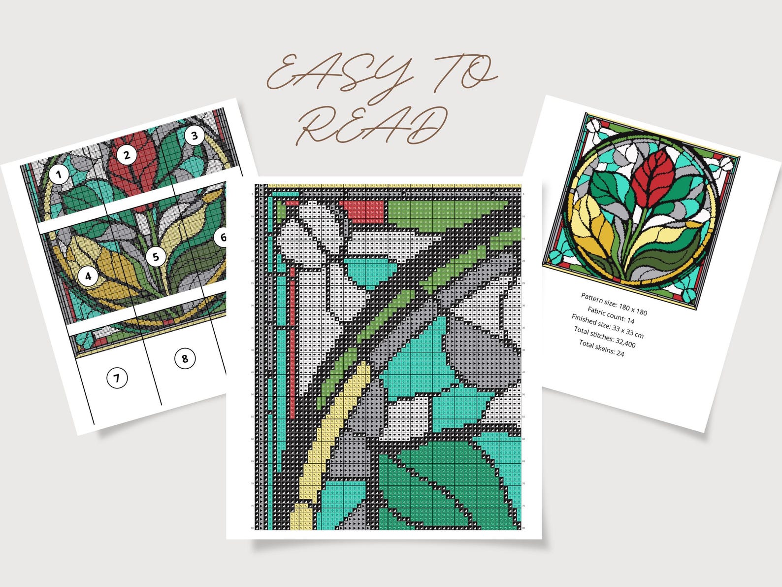 Stained Glass Cross Stitch Pattern: Abstract Floral Embroidery (PDF ...