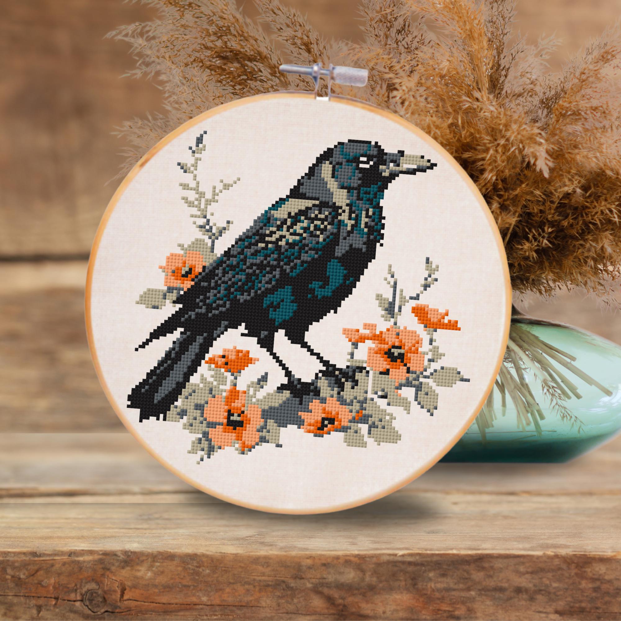 Crow Cross Stitch, Crow Embroidery Pattern, Black Bird Counted Cross ...