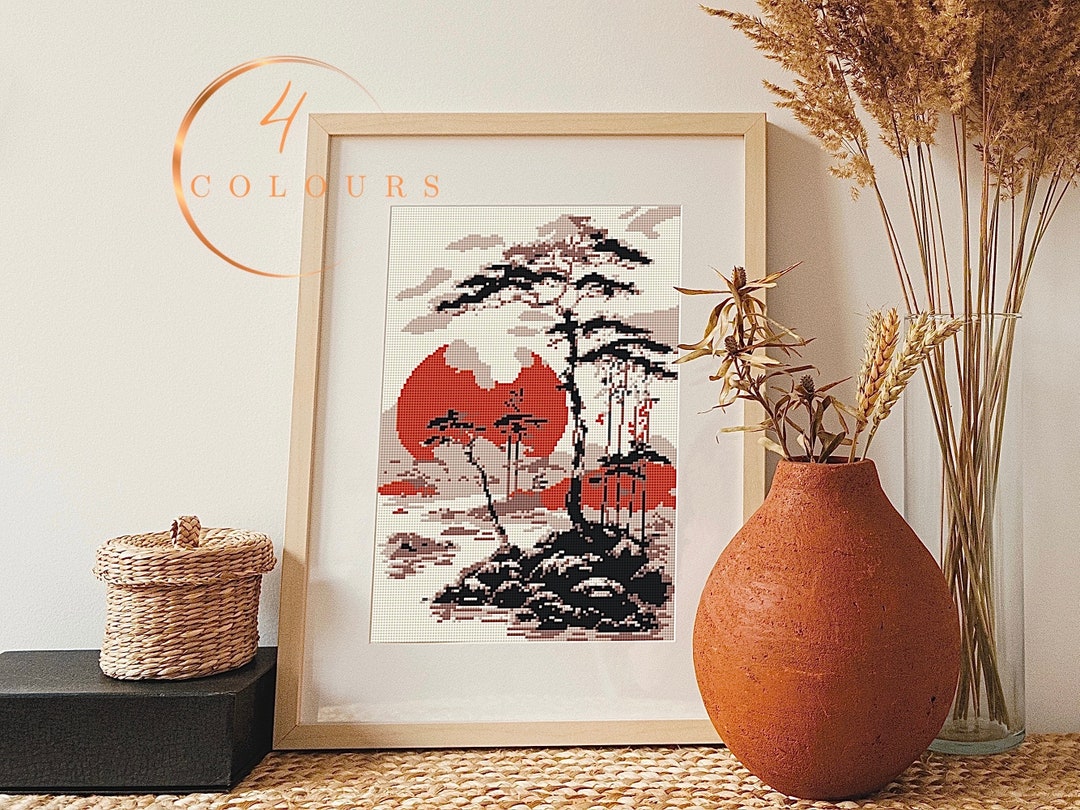Abstract Japanese Cross Stitch Landscape Pattern, Asian Cross Stitch ...