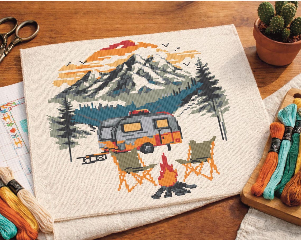 Camping Cross Stitch Pattern: Mountain Camper Caravan (digital ...