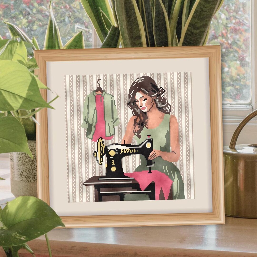 Girl Sewing Vintage Style Cross Stitch Pdf Digital Download, Sewing ...