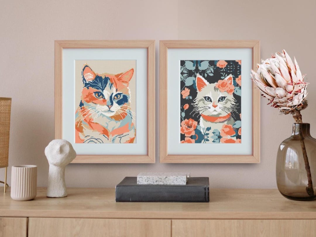 Set of Two Cat Portraits Cross Stitch Download Patterns, Abstract Cat ...