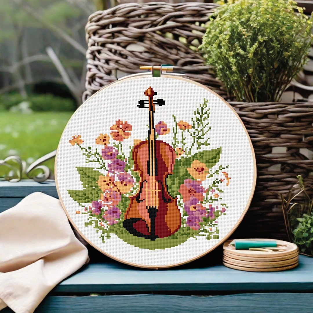Violin Cross Stitch, Musical Instrument Cross Stitch, Violin Embroidery ...