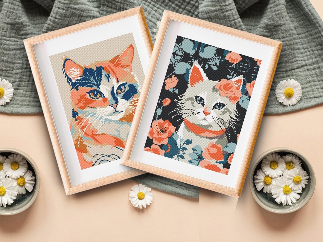 Set of Two Cat Portraits Cross Stitch Download Patterns, Abstract Cat ...