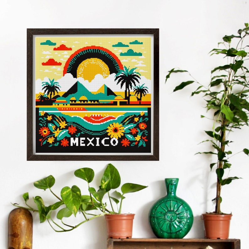 Colorful Travel Mexico Cross Stitch Pattern, Mexican Pyramids Funky ...