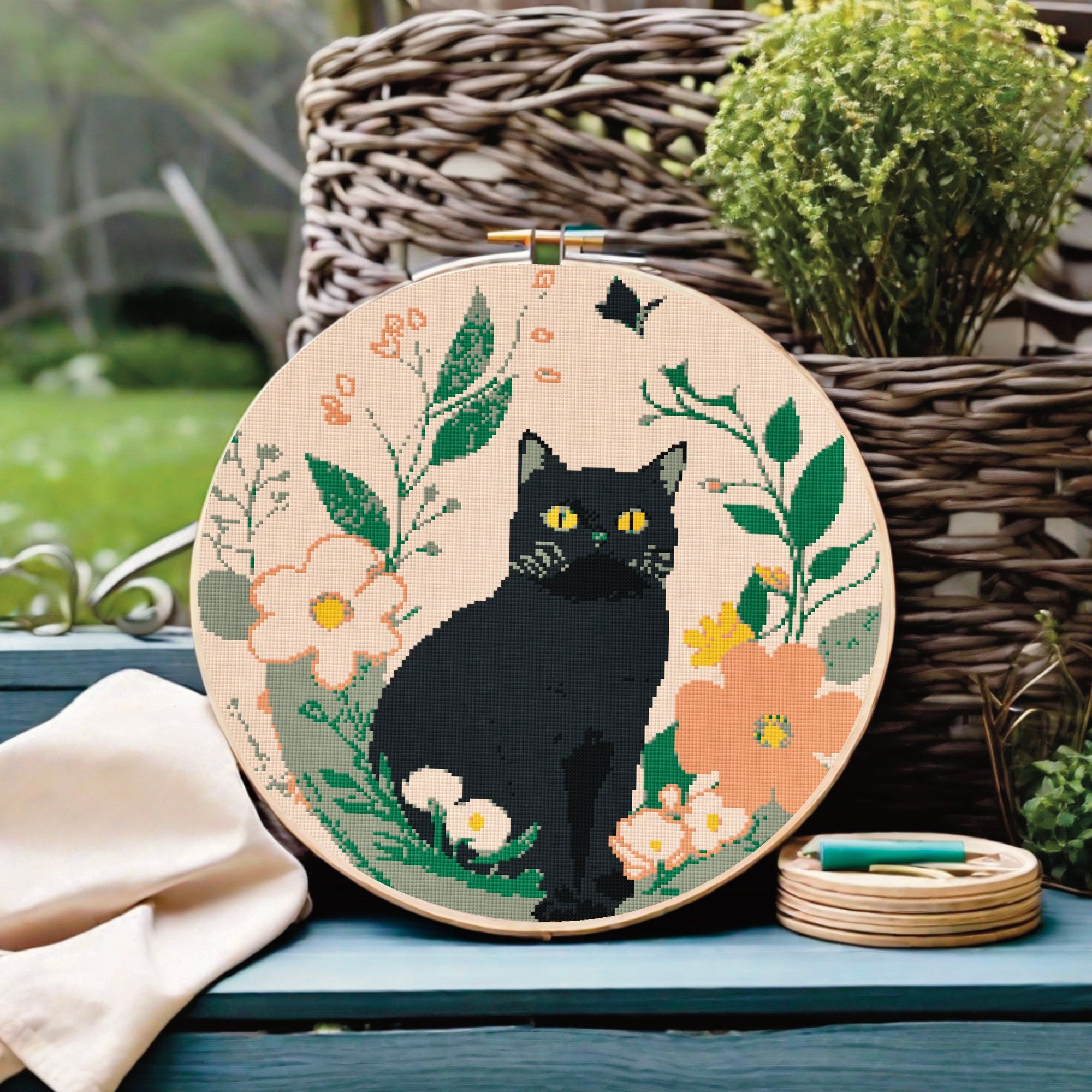 Black Cat Cross Stitch Pattern Digital Download, Boho Cross Stitch, Black Cat Art, Black Cat ...