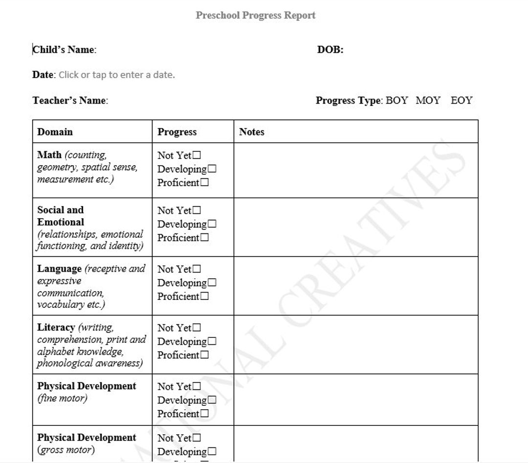 Preschool Progress Report - Etsy