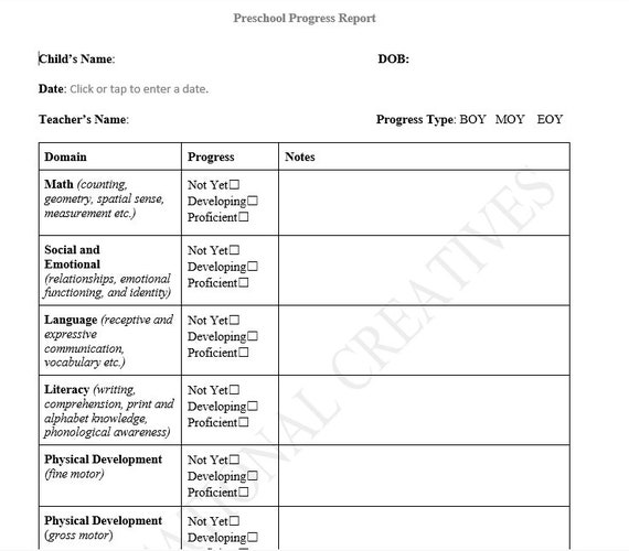 Preschool Progress Report - Etsy