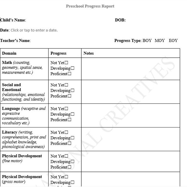 Progress Report Preschool - Etsy