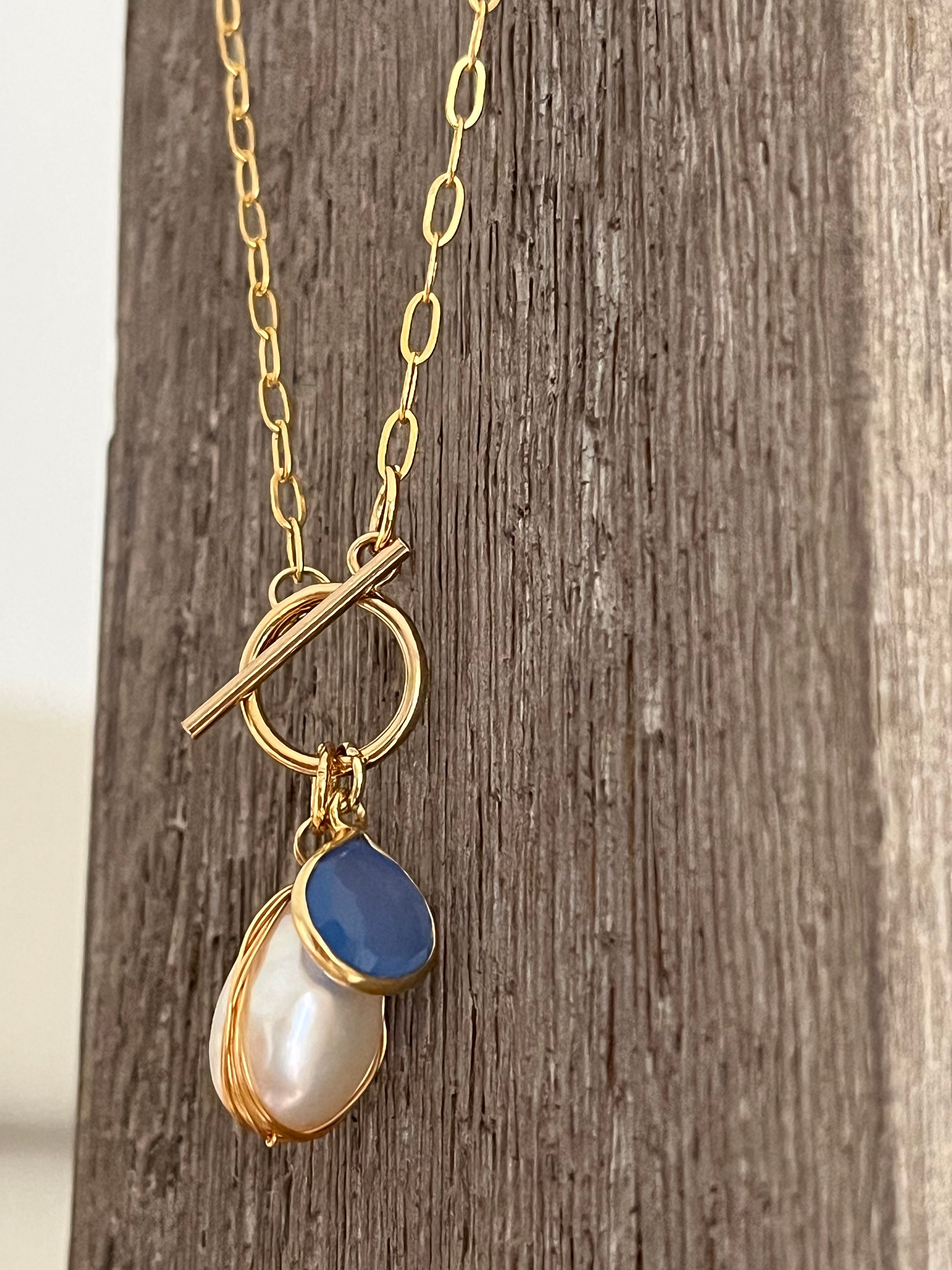 Gold Toggle Necklace. Gold Toggle Necklace Keshi Pearl and Blue Gem ...