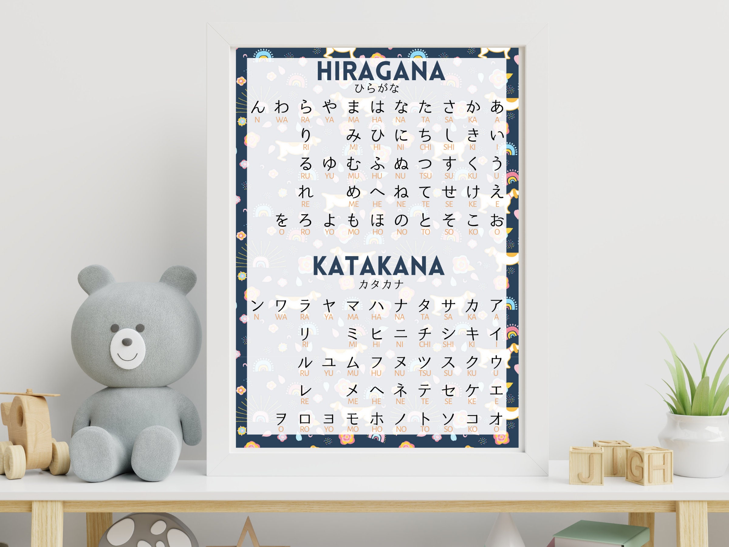 Japanese HIRAGANA and KATAKANA Chart Dog and Rainbow Design Digital ...