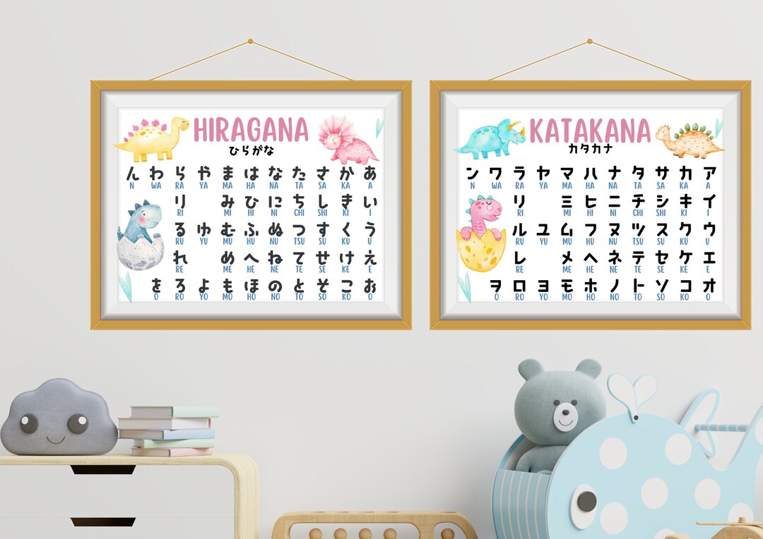 Set of 2 Japanese HIRAGANA & KATAKANA Chart With Watercolor Dinosaurs ...