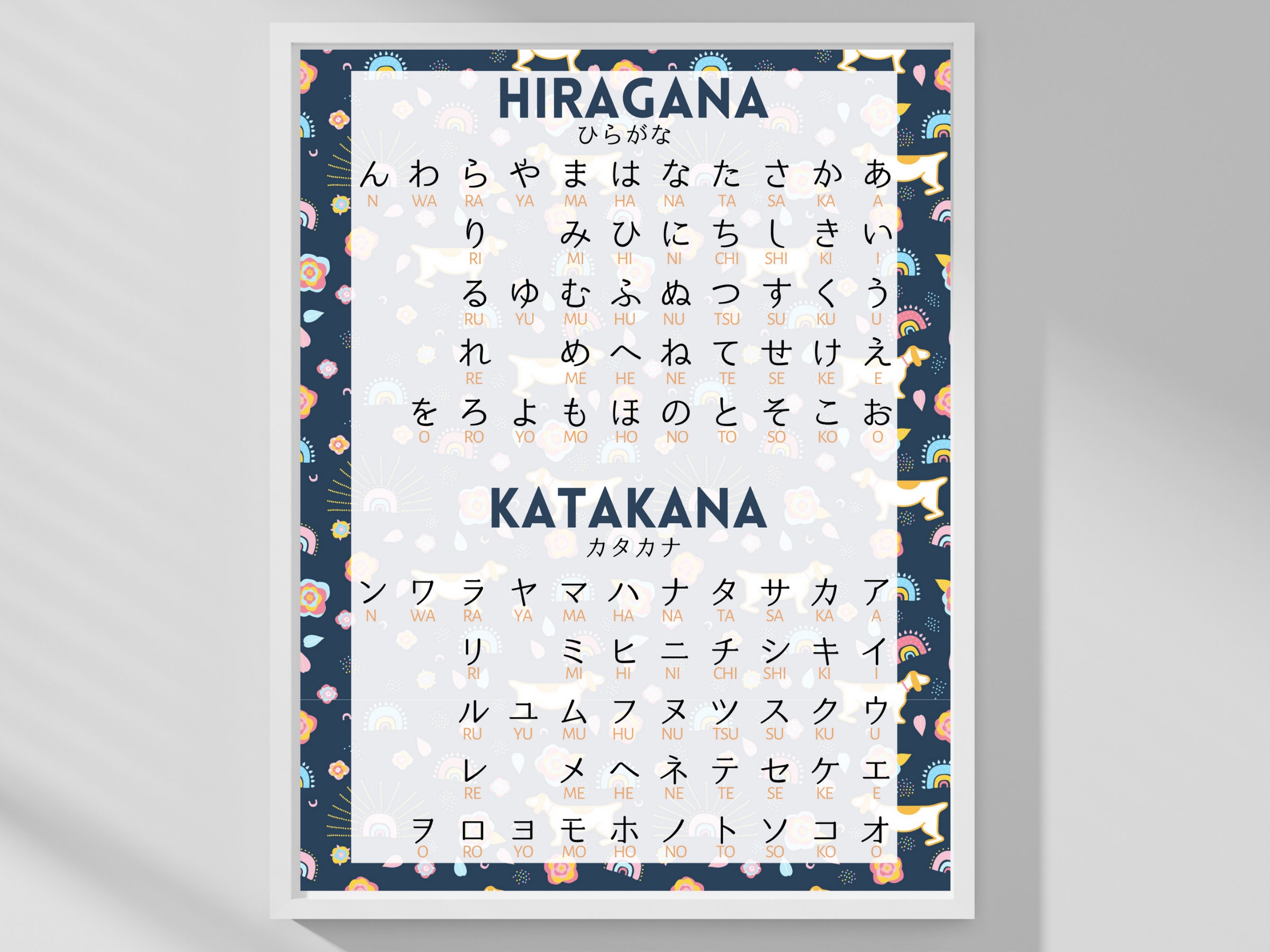 Japanese HIRAGANA and KATAKANA Chart Dog and Rainbow Design Digital ...