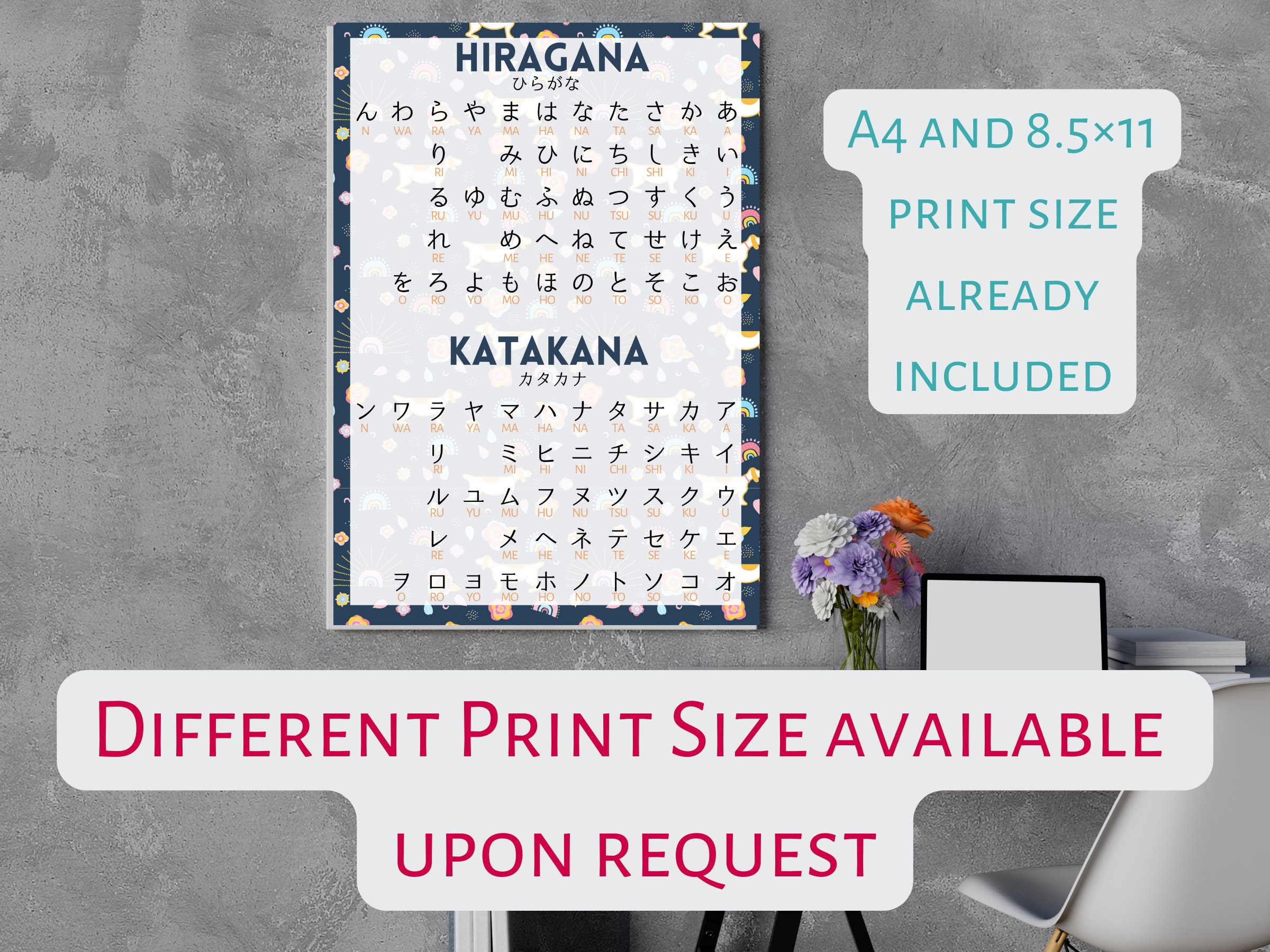 Japanese HIRAGANA and KATAKANA Chart Dog and Rainbow Design Digital ...