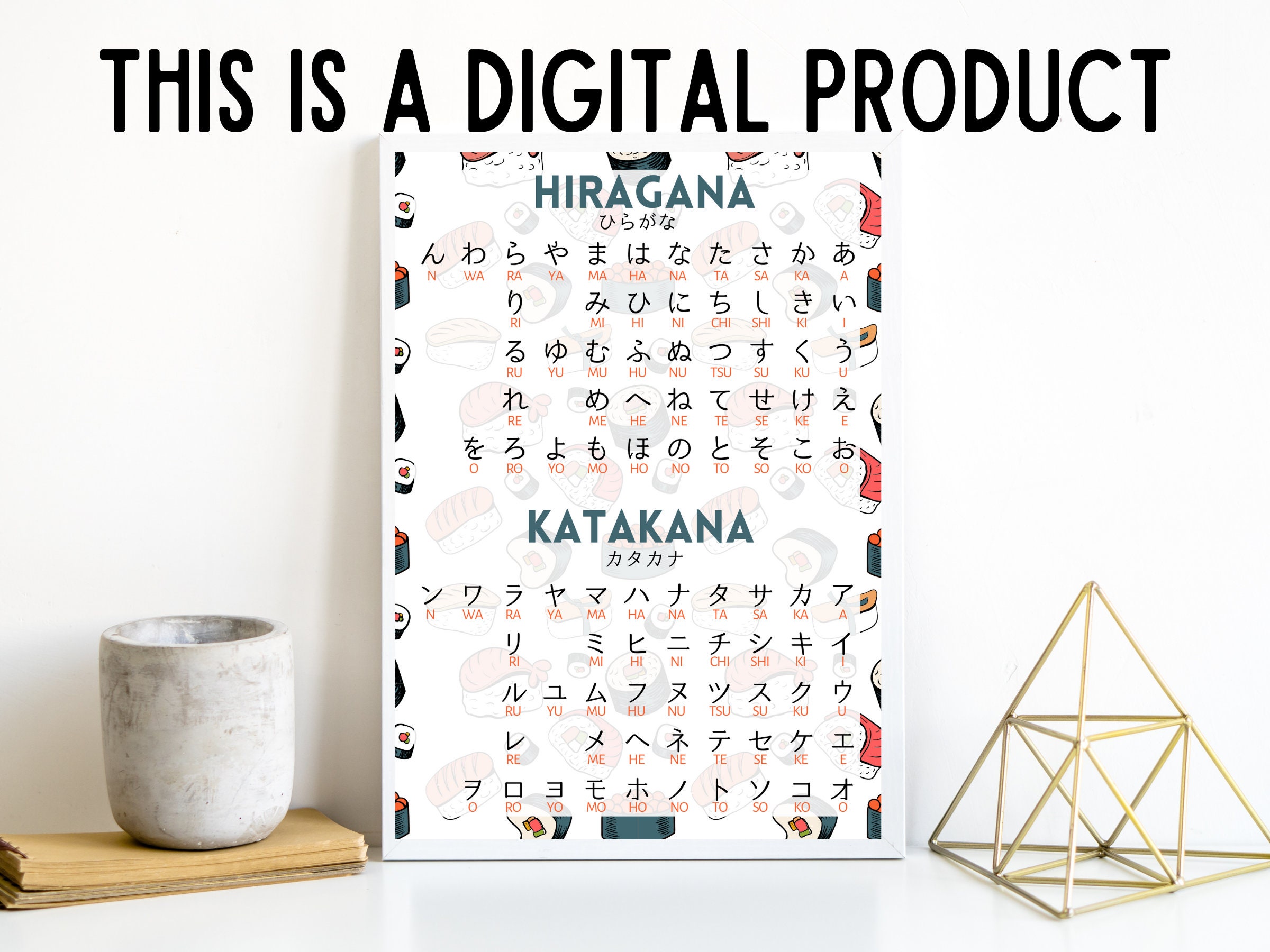 Japanese HIRAGANA and KATAKANA Chart Sushi Kawaii Design Digital ...