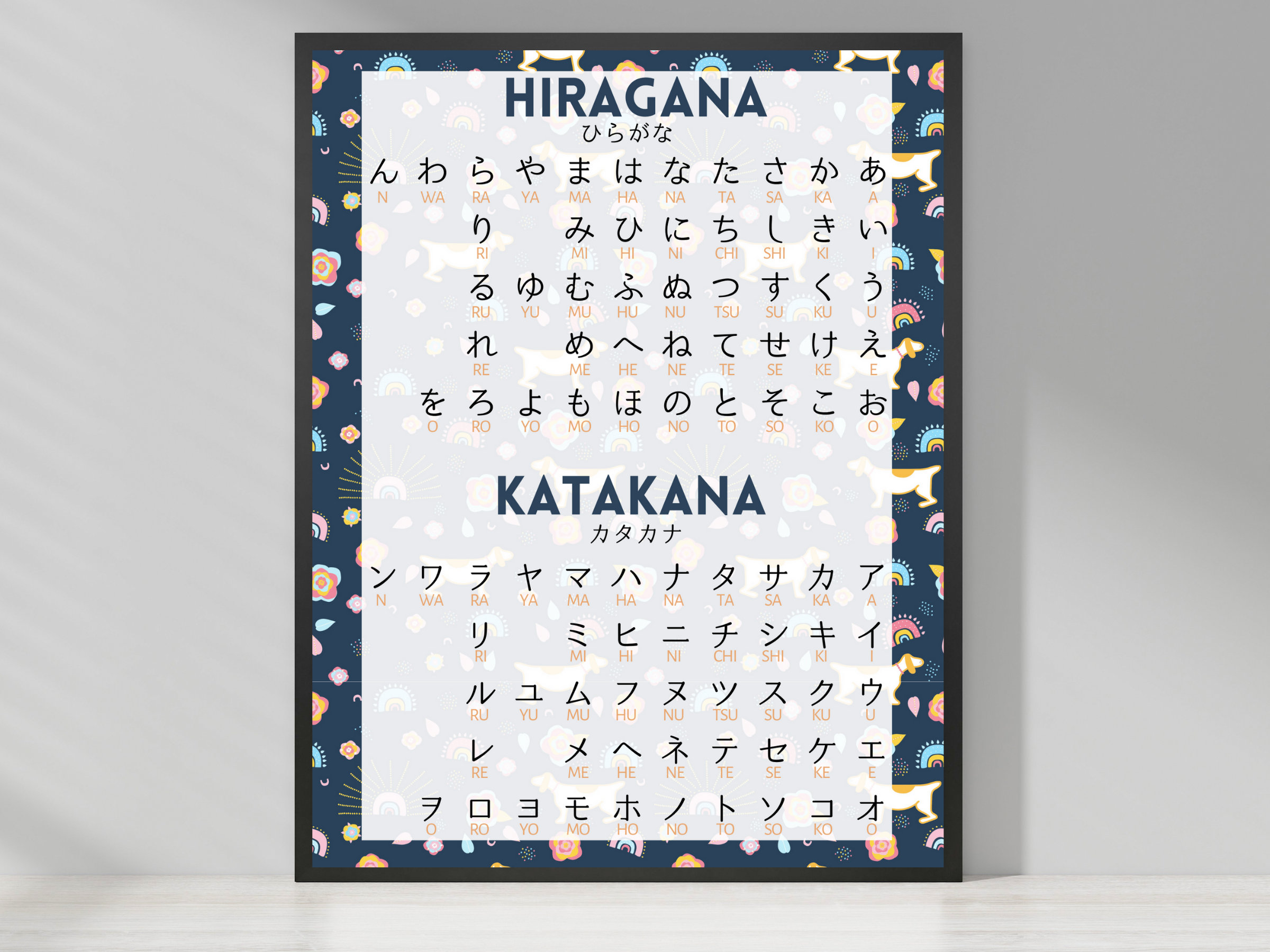 Japanese HIRAGANA and KATAKANA Chart Dog and Rainbow Design Digital ...