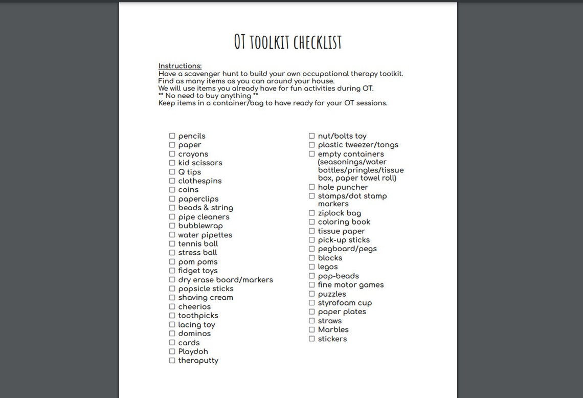 OT Toolkit Checklist - Etsy