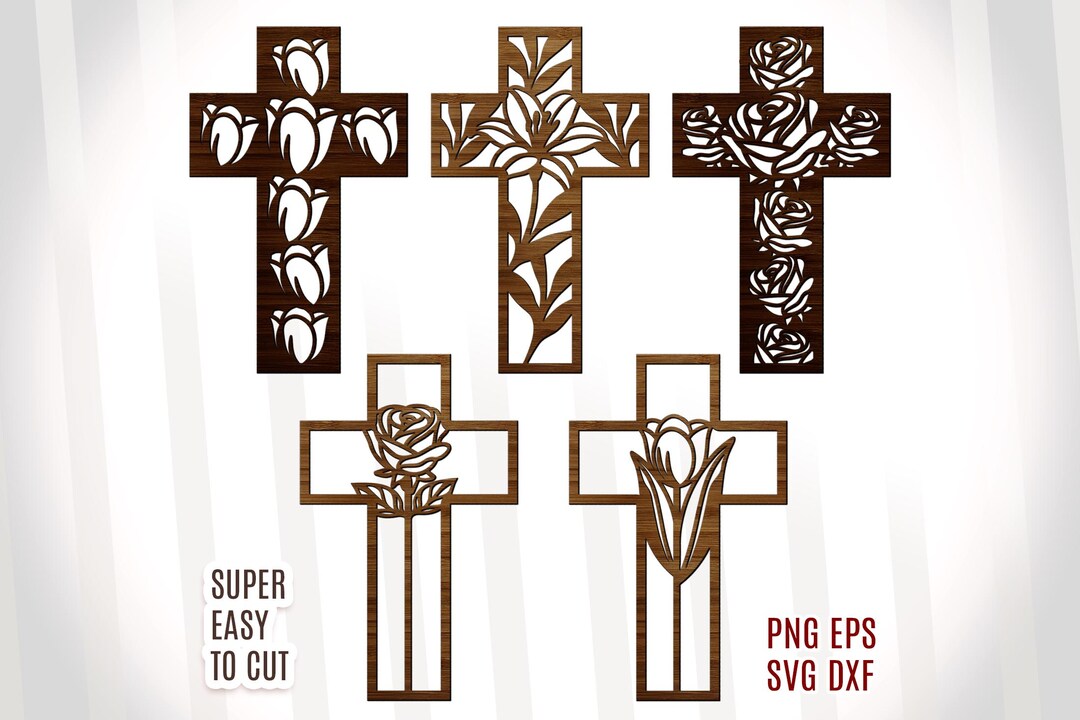 Floral Cross Laser Cut File Bundle, Christian Cross With Flowers Svg ...