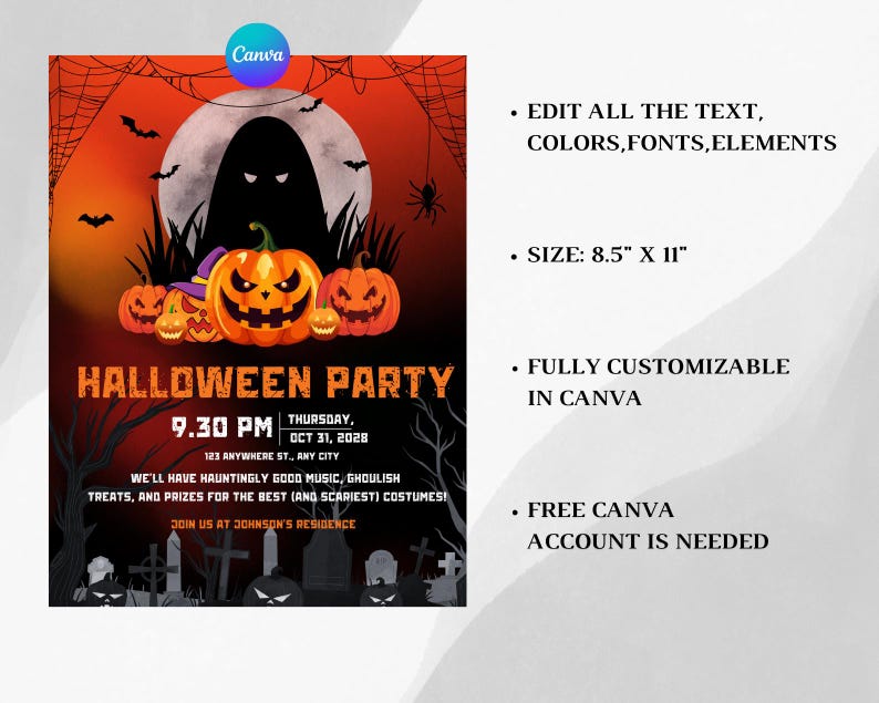 EDITABLE Halloween Party Invitation, Halloween Party, Spooky Ghost ...